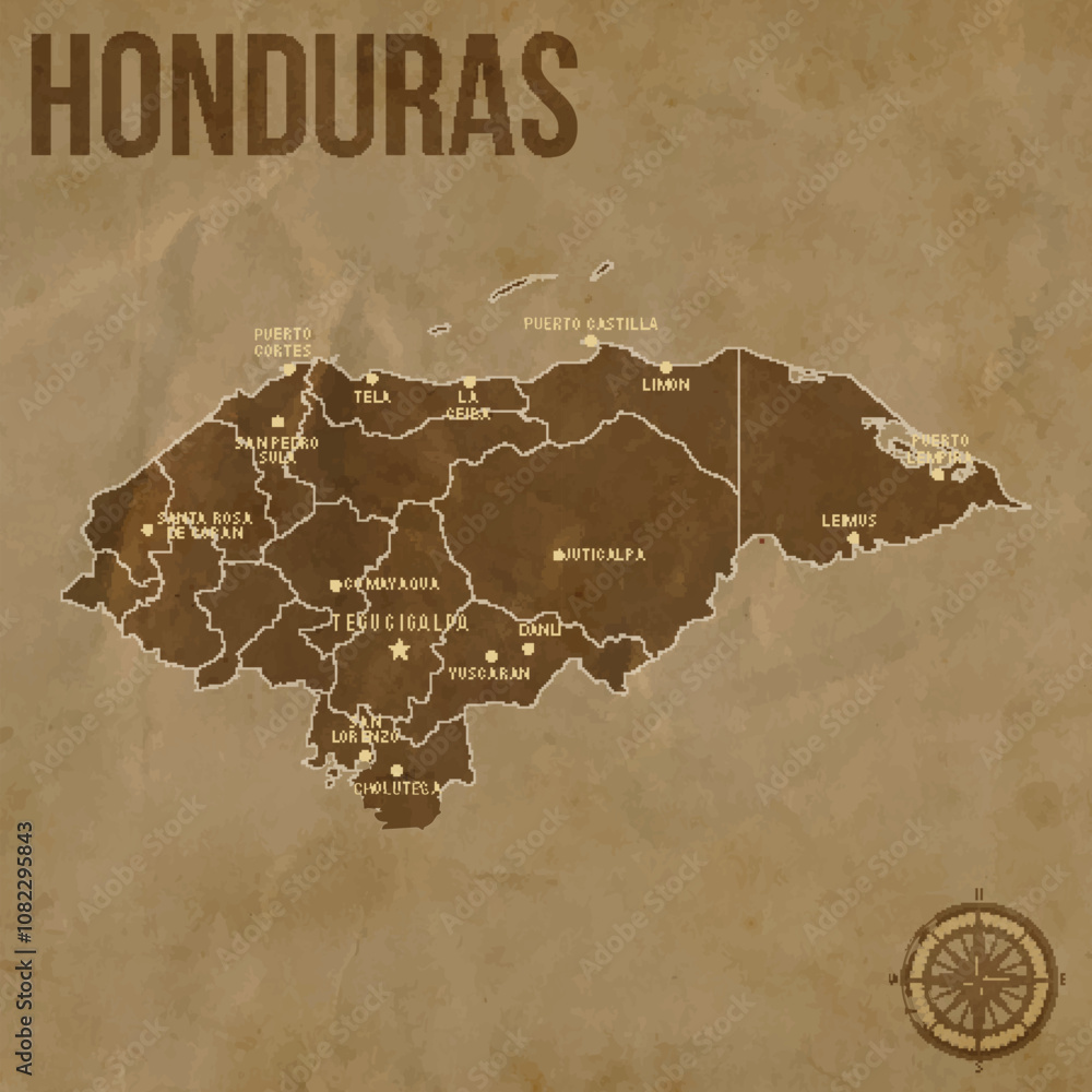 Vintage HONDURAS Map with Regions Borders and Major Cities Positions ...