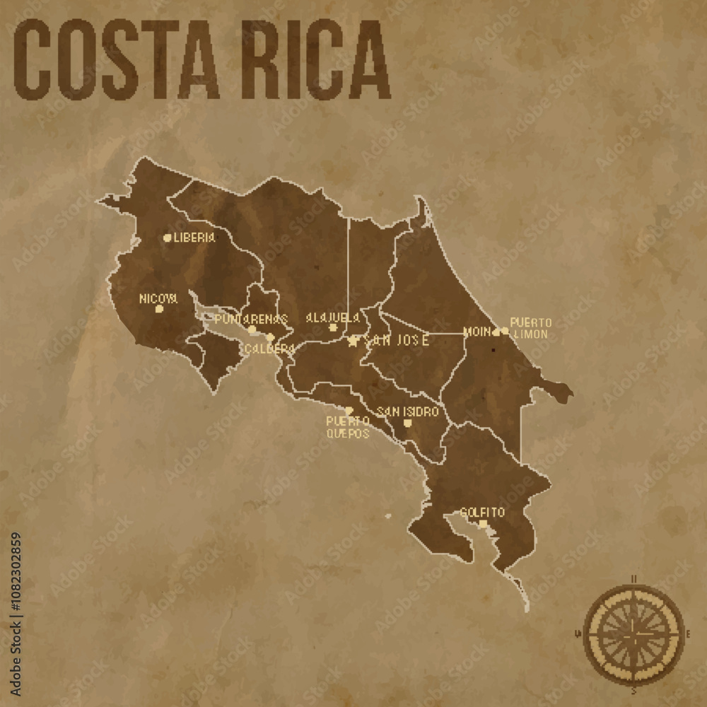 Vintage COSTA RICA Map with Regions Borders and Major Cities Positions ...