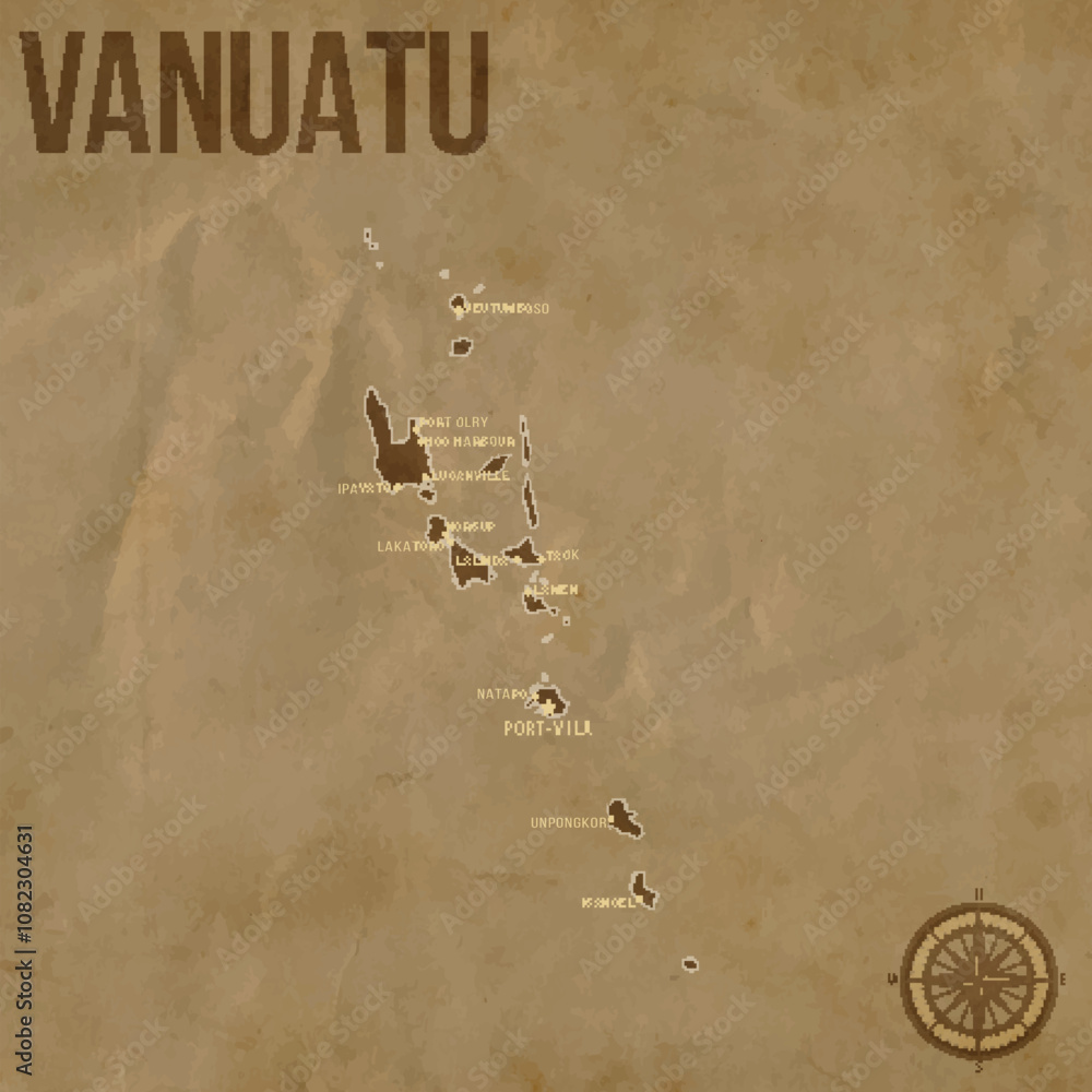 Vintage VANUATU Map with Regions Borders and Major Cities Positions ...