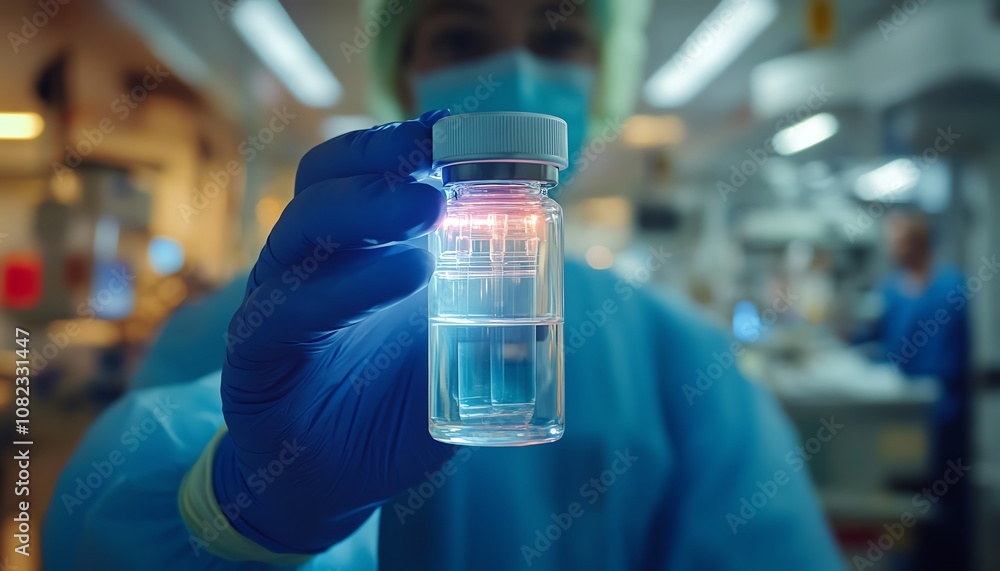 Medical professional in a hospital holding a clear vial of CAR T cell ...
