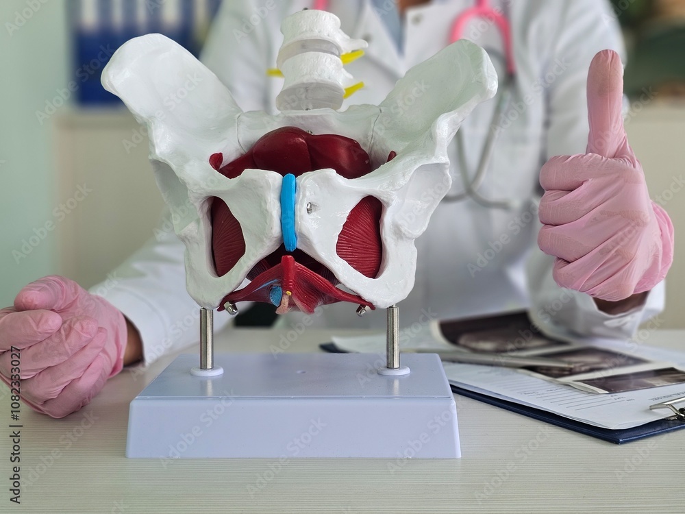 Photo Stock Doctor models the anatomy of the female pelvis and shows a ...