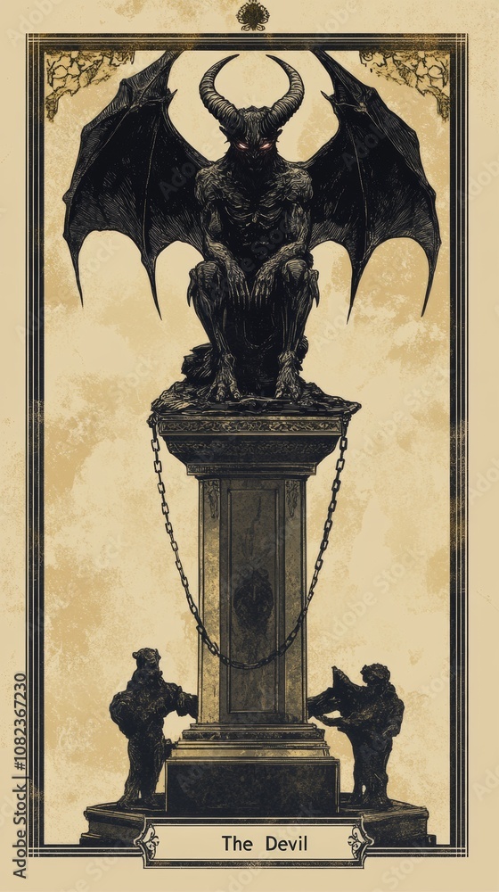 "The Devil" Tarot Card A horned figure with bat-like wings stands on a ...