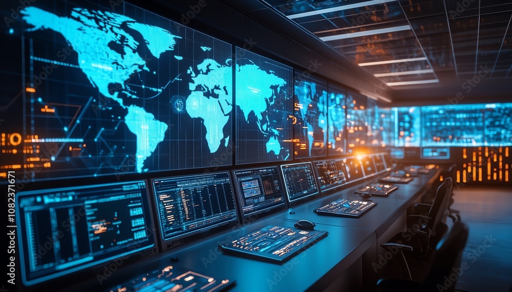 Futuristic command center monitoring worldwide operations, multiple large screens showing ...