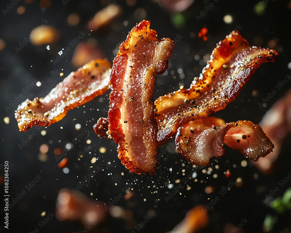 Flying bacon strips in midair Stock Illustration | Adobe Stock