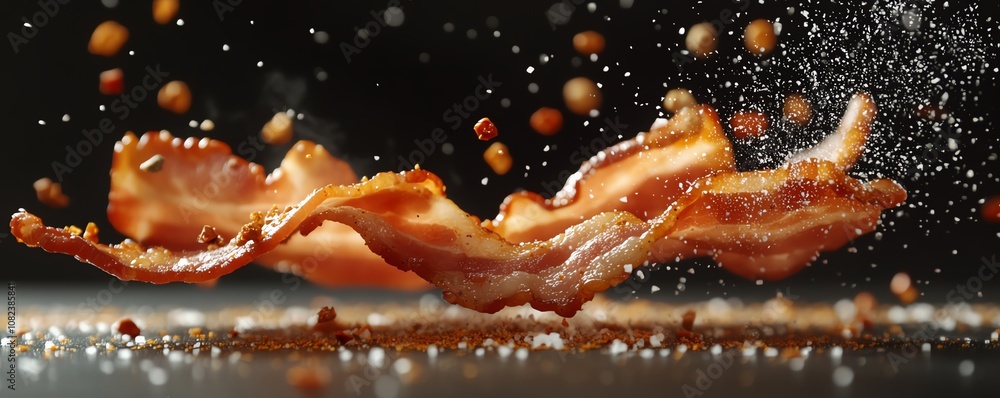 Tossed bacon strips with flying pepper and salt, dark background ...