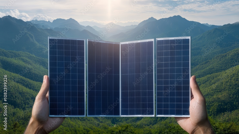 Harnessing the sun's power, hands cradle a solar panel, embracing clean ...
