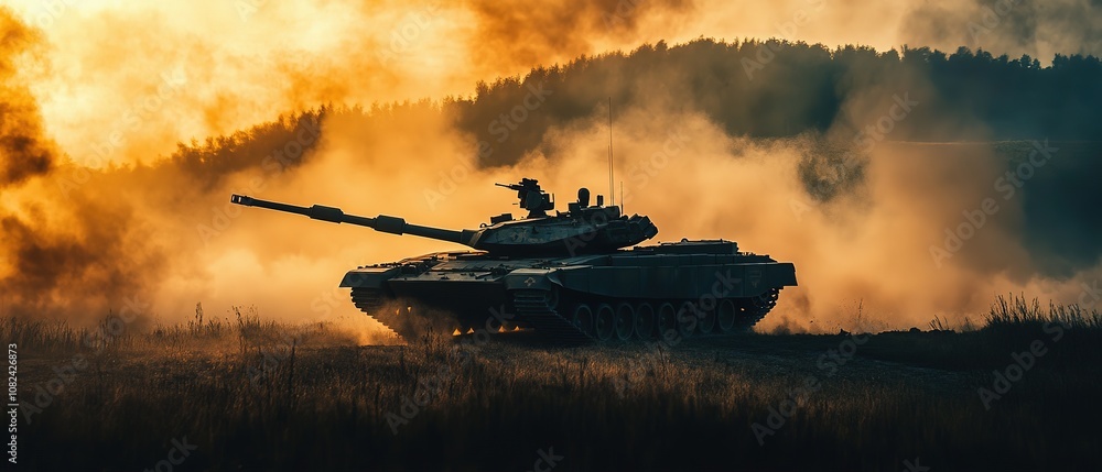 Military tank maneuvers through dusty terrain during a cloudy afternoon ...