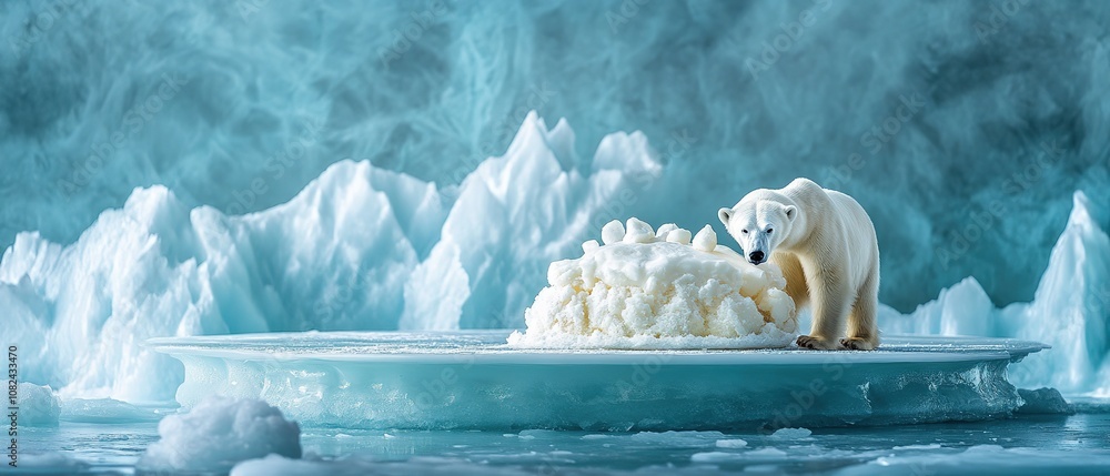 A polar bear forages on a floating ice platform surrounded by stunning ...