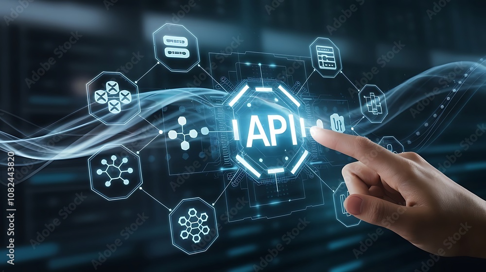 businessman pressing virtual button API, application programming ...