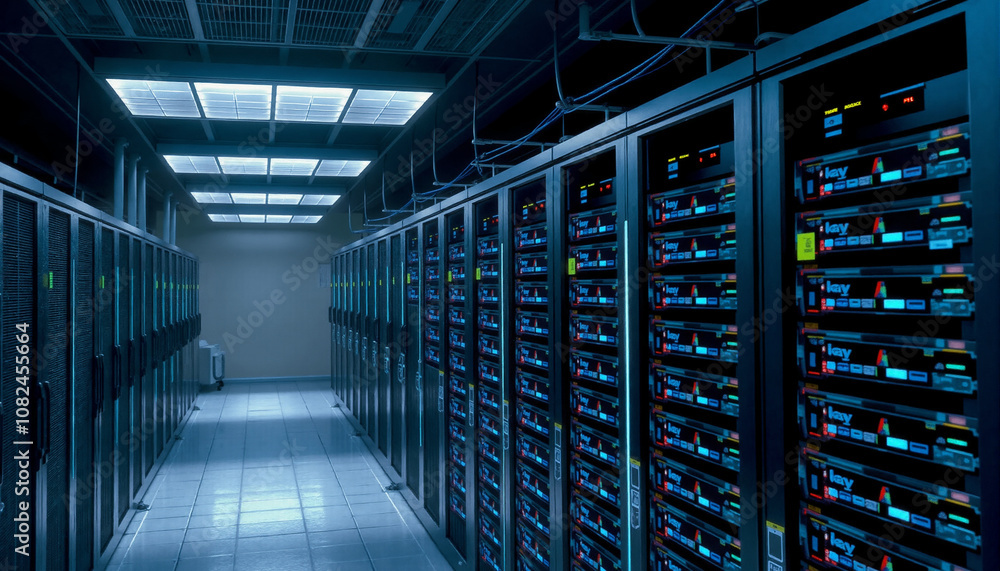 The image shows a large server room with rows of servers, a concrete ...