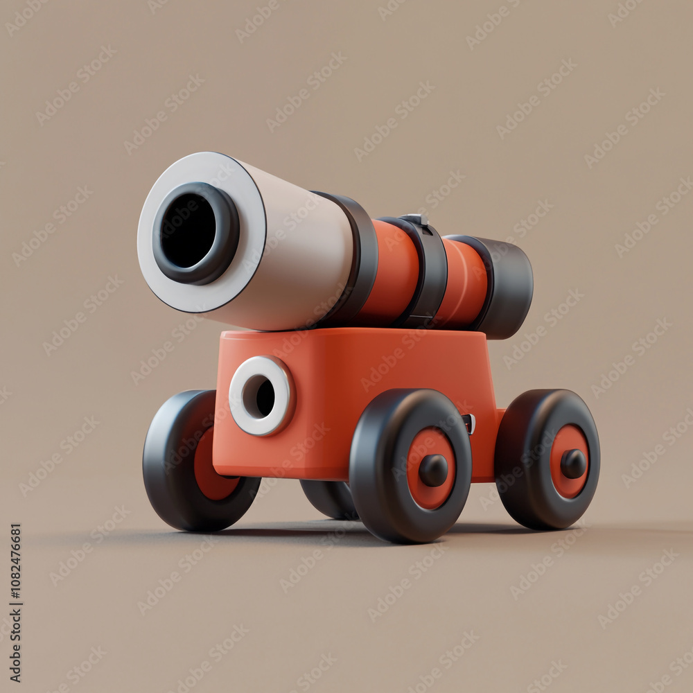 3D cartoon cannon with wheels on the bottom, on a simple background ...