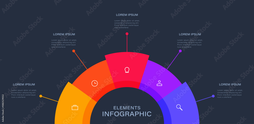 Semicircular pie chart. Concept of five features of startup project to ...