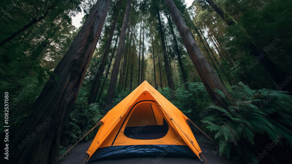 Orange camping tent set up in a dense forest with towering trees and ...