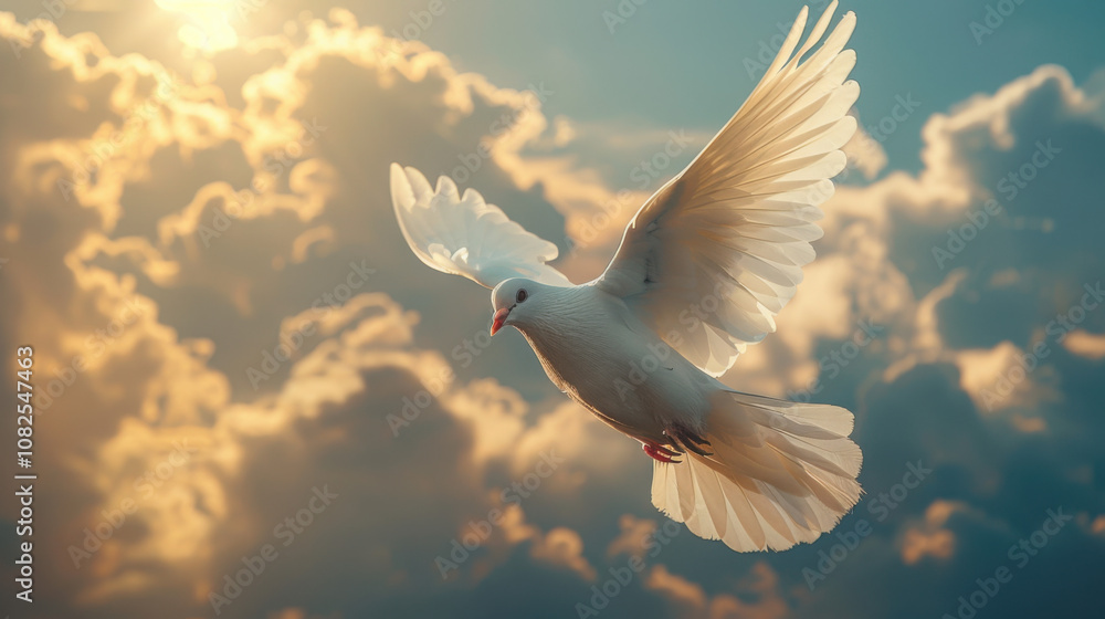 White dove bird symbolizing Holy Spirit flying near wooden cross in the ...