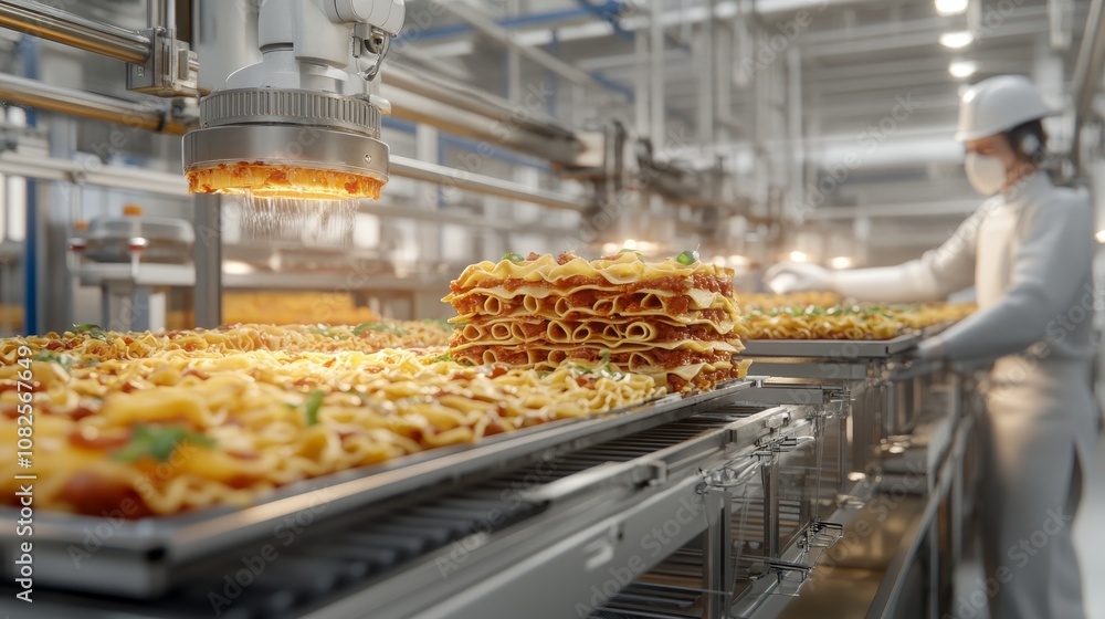 Robotic arms layering gourmet lasagna with sauces, pasta sheets, and ...