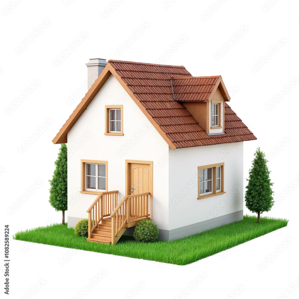 3D rendering of a small, two-story house with a sloping roof. png image ...