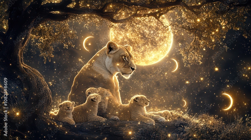 Cosmic Lioness Nurturing Cubs Under a Golden Moon Tree: A Divine ...
