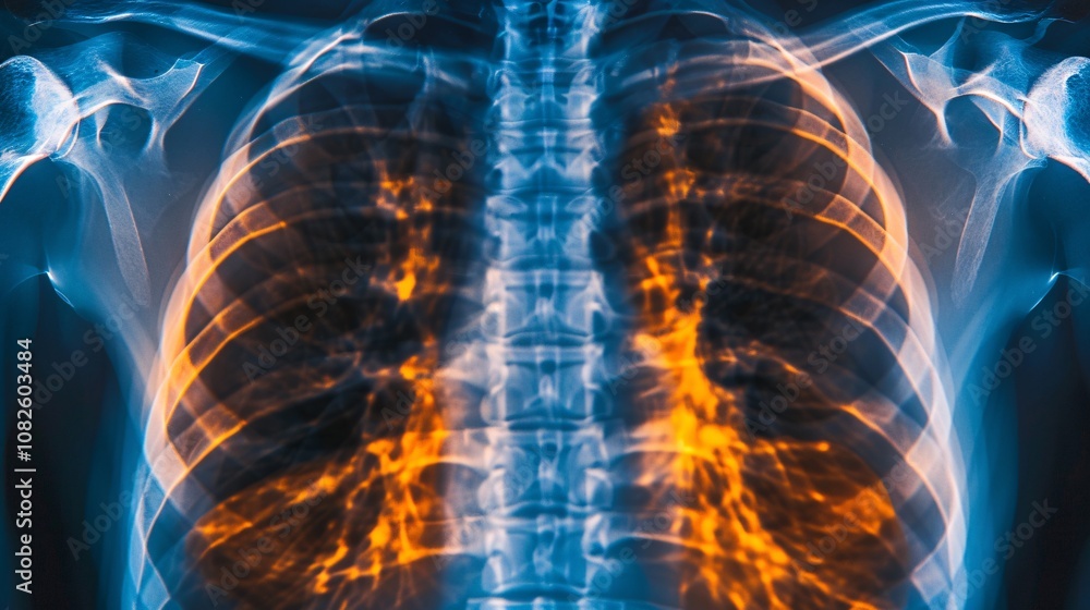 Detailed radiographic examination of the human lungs revealing various ...