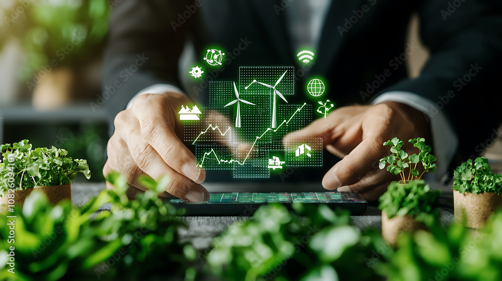 businessman analyzing digital charts with green technology symbols ...