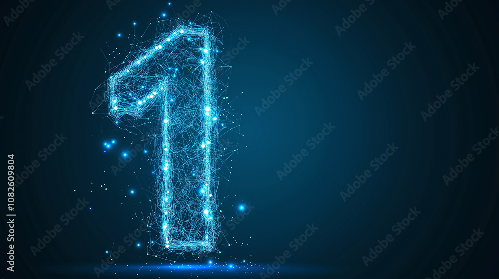Number one text. Low poly wireframe illustration on technology blue ...