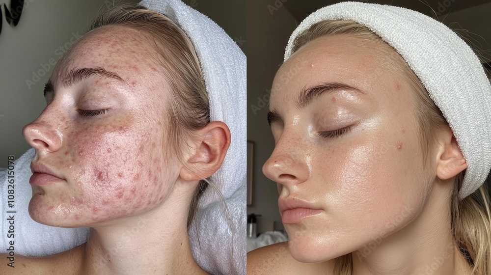 Two pictures show the same person, one with acne and one without. The pictures highlight the ...