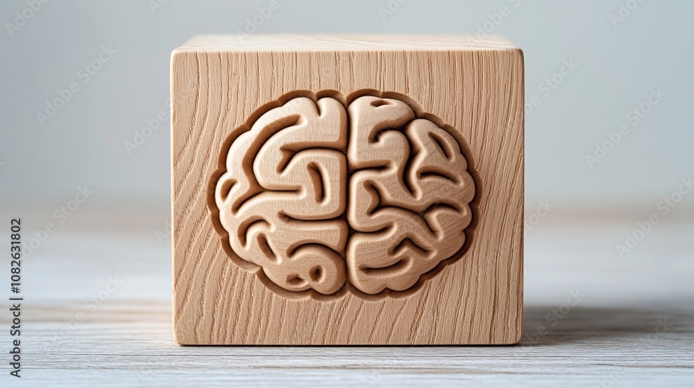 Wooden cube with engraved brain illustration showcasing intricate ...