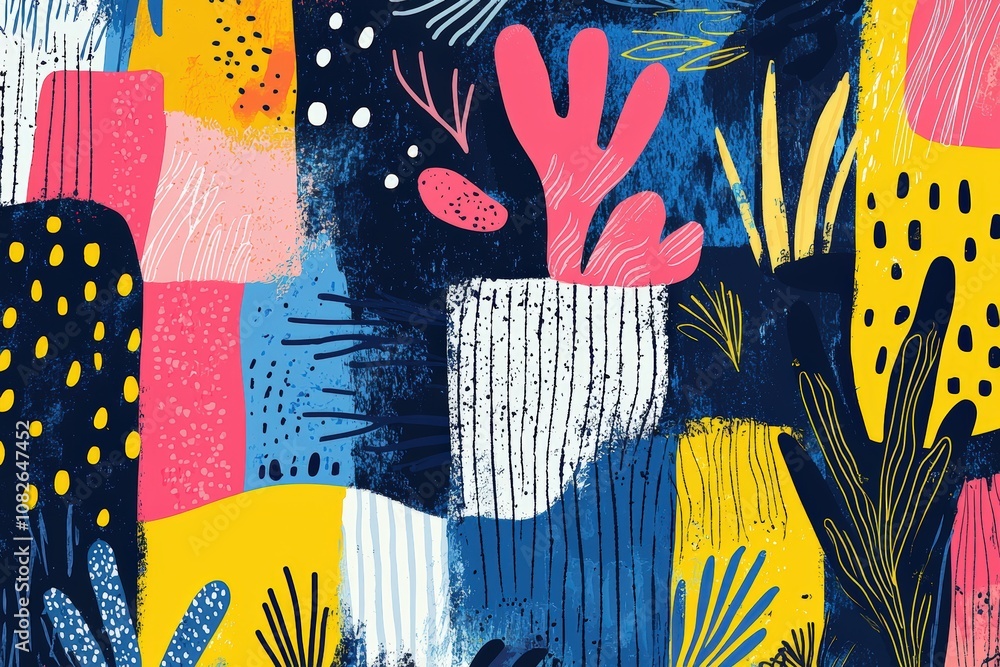 Bold patterns in a lively color palette showcase plants and geometric ...