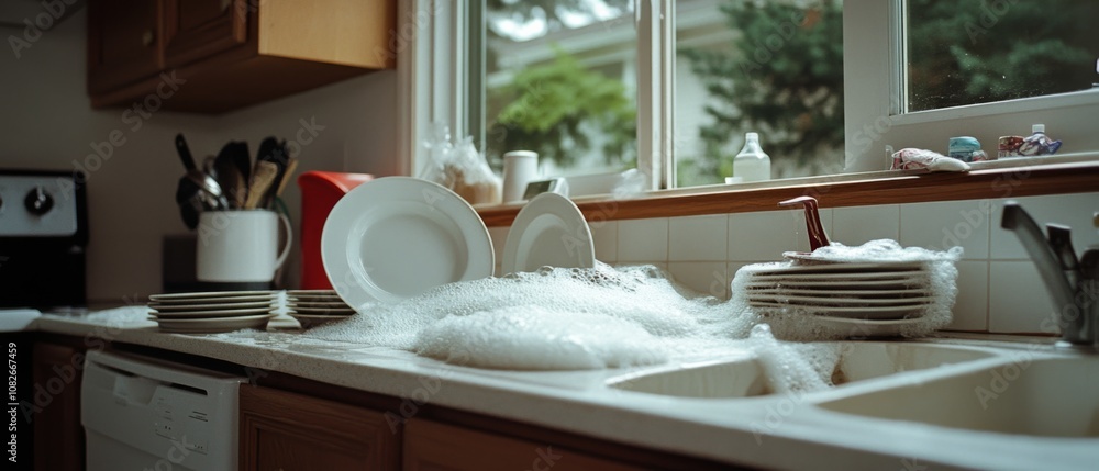 Plates and suds overflow in a kitchen scene, illustrating the chaos and ...