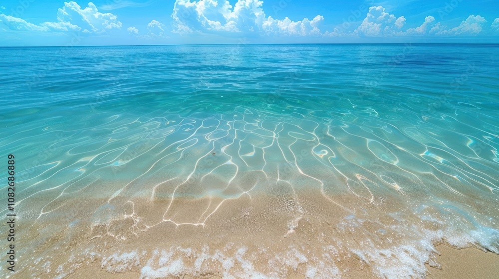 Tranquil blue ocean water with white foamy waves lapping on a sandy ...