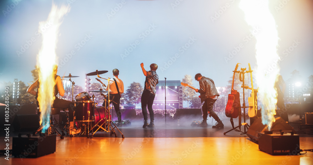 Energetic Rock Band Performing on Festival Stage with Fire Pyrotechnics ...