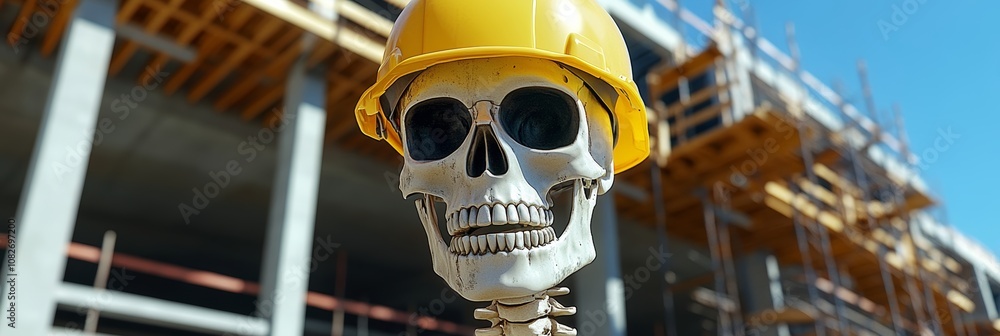 Skeleton In Hard Hat On Construction Site. concept of Safety, risk and ...