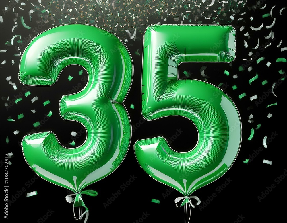 Green birthday / anniversary balloon, number 35, black background with ...