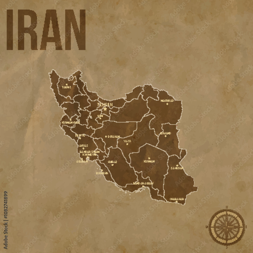 Vintage IRAN Map with Regions Borders and Major Cities Positions Stock ...