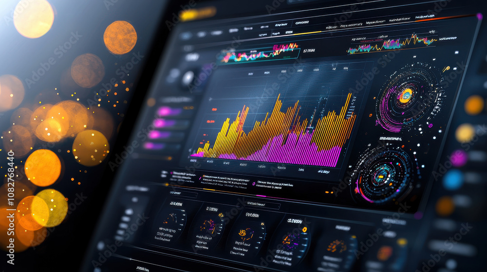 modern performance dashboard design featuring responsive data visualization with vibrant colors ...