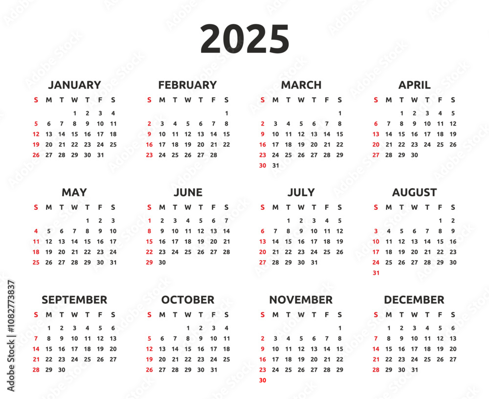 Calendar 2025 year. Week starts Sunday. Simple calender layout. Desk ...