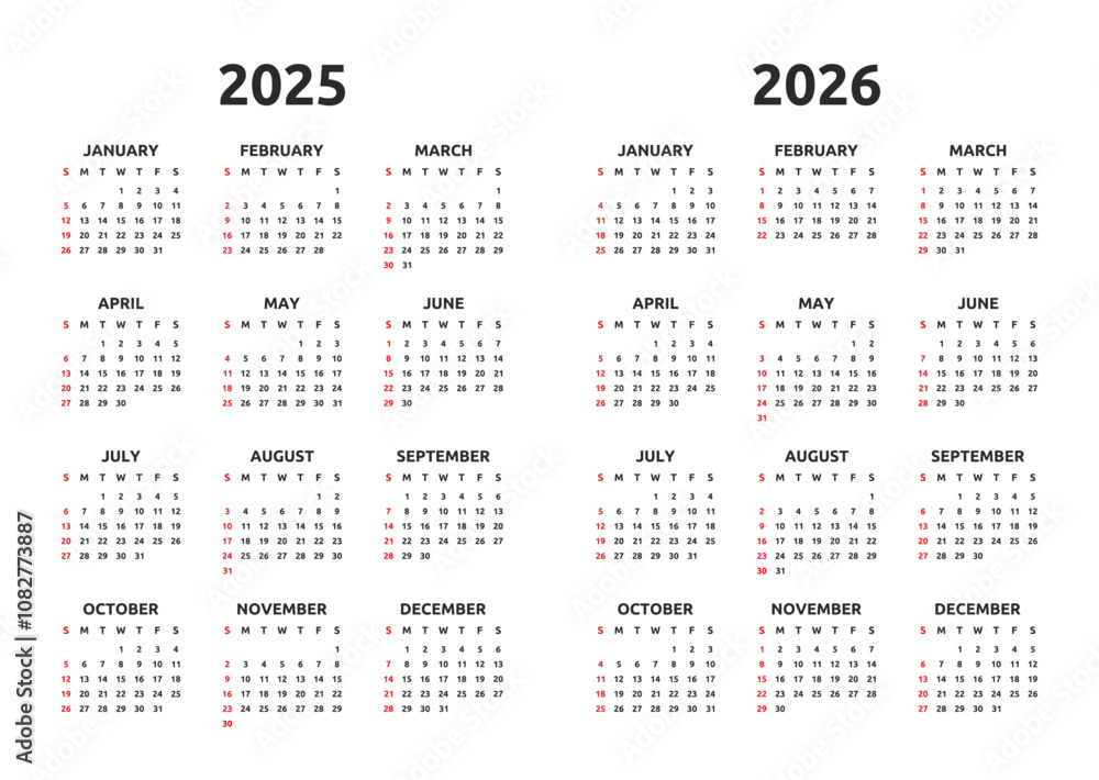 Calendar 2025 and 2026 year. Week starts Sunday. Simple calender layout ...