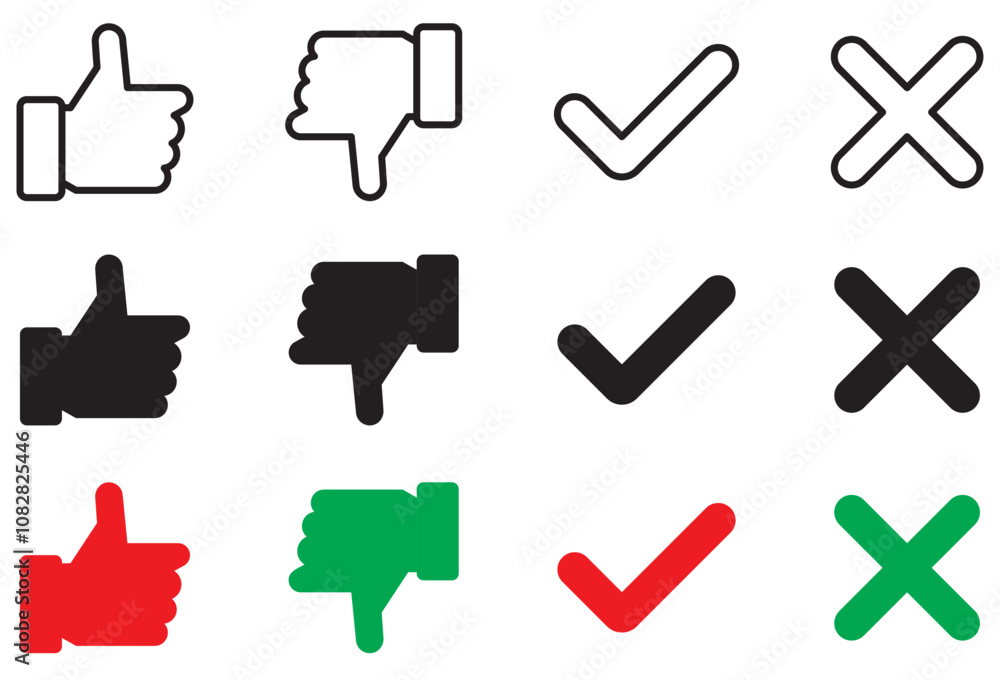 Thumb up, down, tick, and cross icons. Like, dislike, checkmark, and x ...