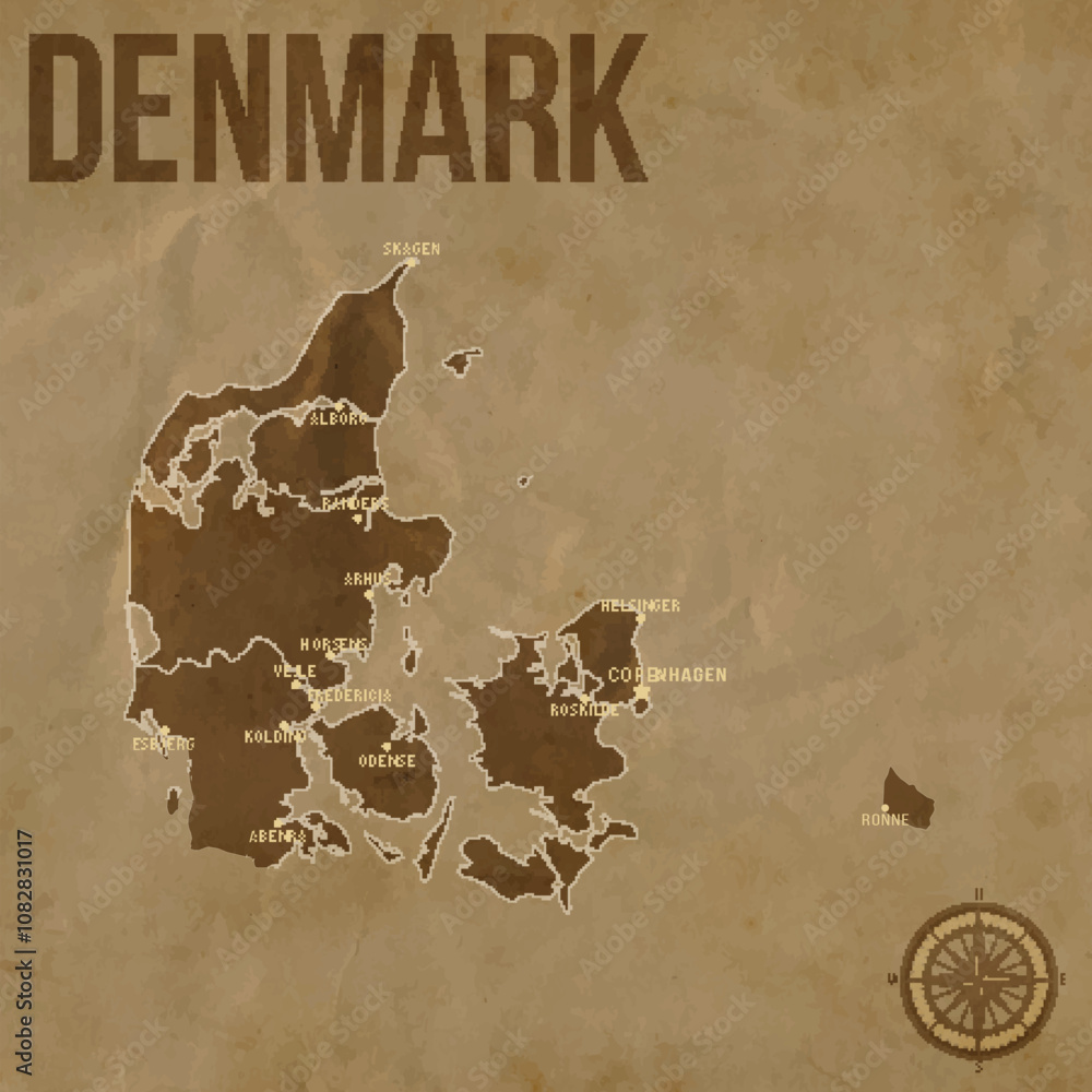 Vetor Vintage DENMARK Map with Regions Borders and Major Cities ...