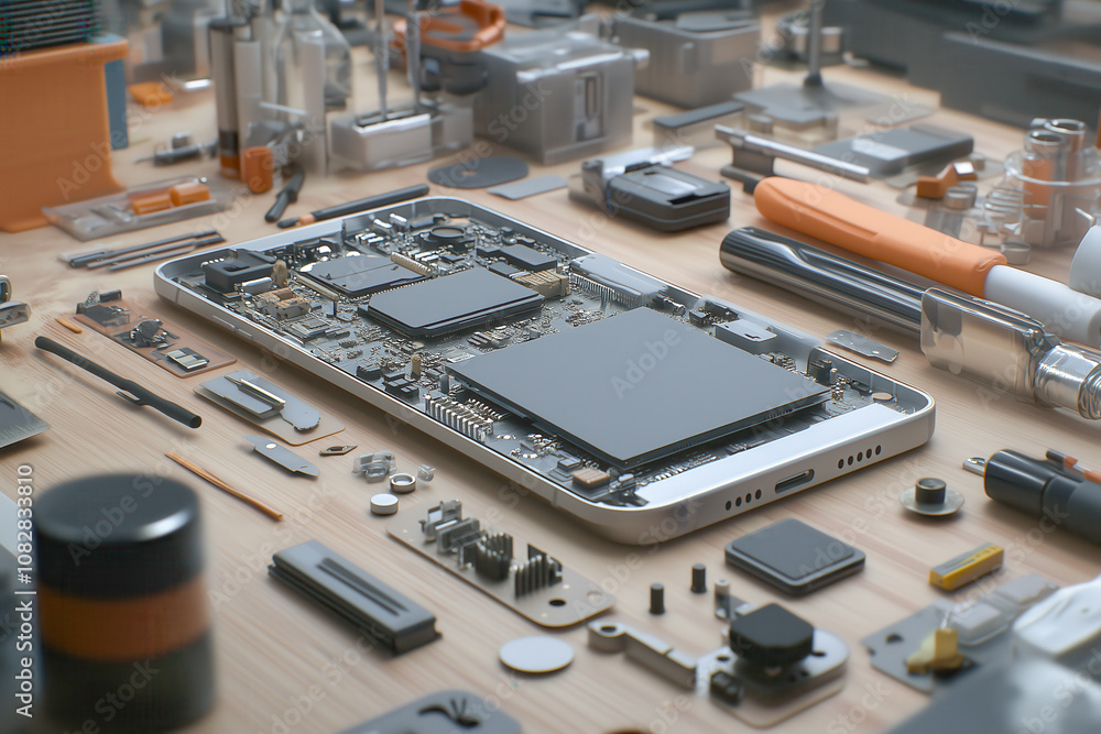 Modern smartphone being assembled, with all internal components such as ...