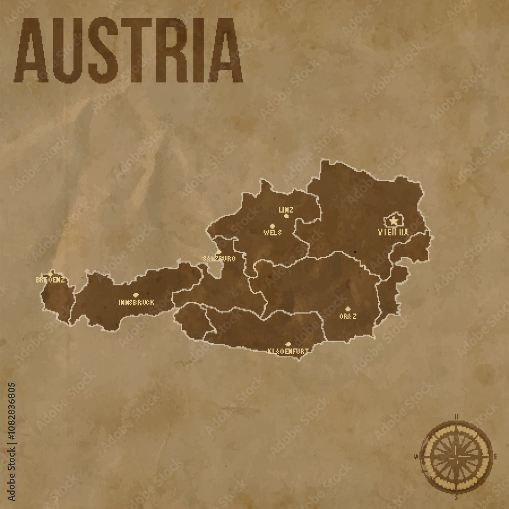 Vintage AUSTRIA Map with Regions Borders and Major Cities Positions ...