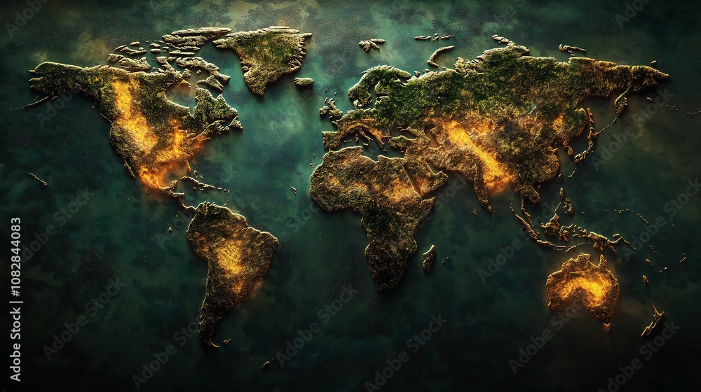 Digital map of the world with hot zones representing climate change ...
