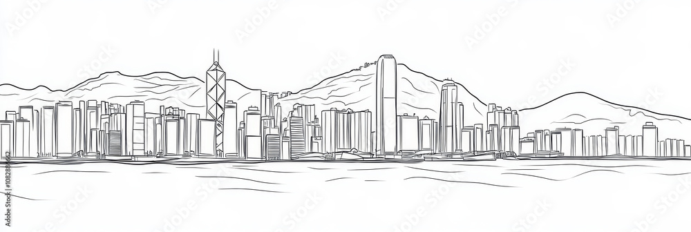 Elegant single-line drawing of Hong Kong's iconic skyline, featuring ...