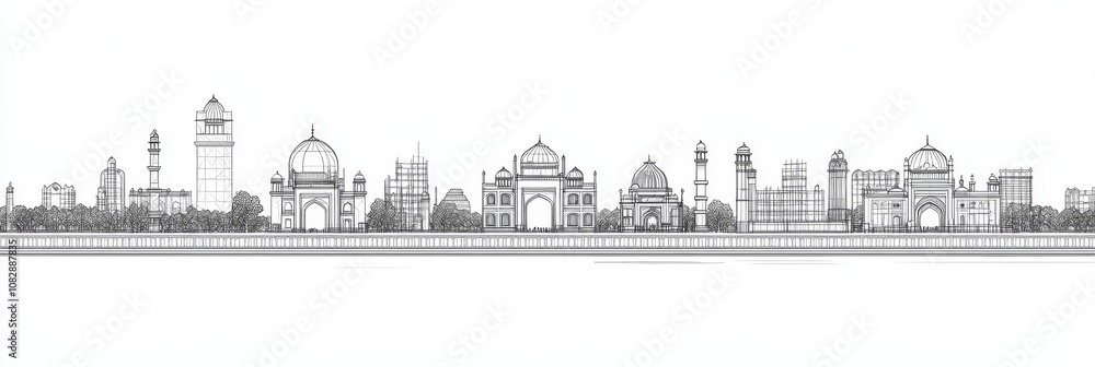 Elegant single-line drawing of New Delhi's iconic landmarks. Captures ...