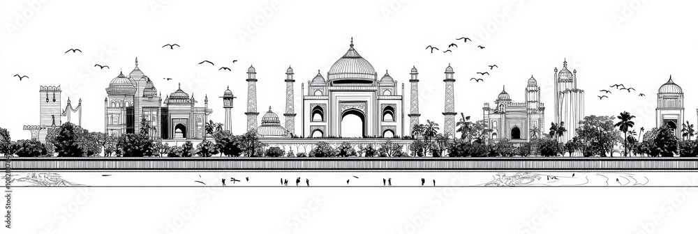 Elegant line art depicting New Delhi's iconic architecture, including ...