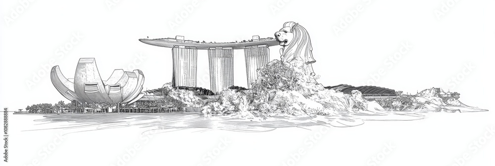 Elegant single-line drawing of iconic Singapore landmarks: Marina Bay ...