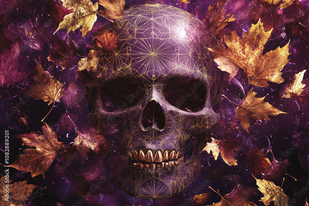 Skull merged with sacred geometry patterns, autumn leaves falling, deep ...
