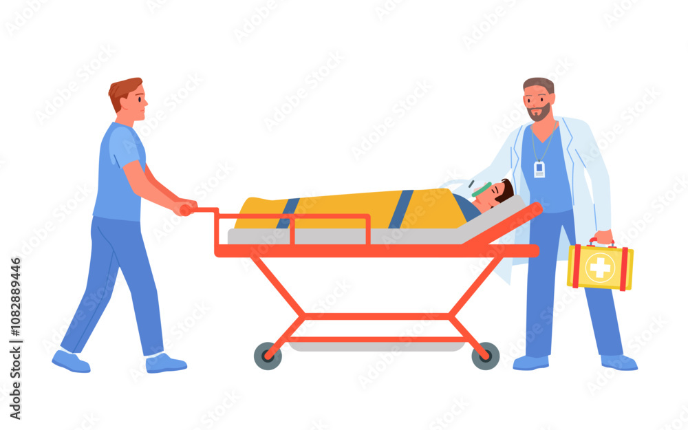 First aid to ill patient by ambulance paramedic team, accident rescue ...