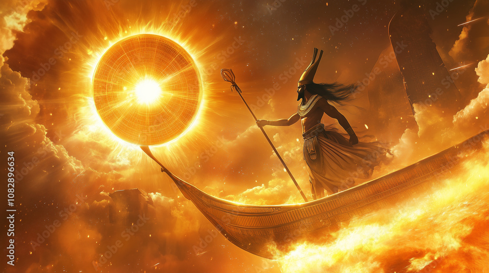 Ra, the sun god, with a radiant solar disk above his head, flying ...