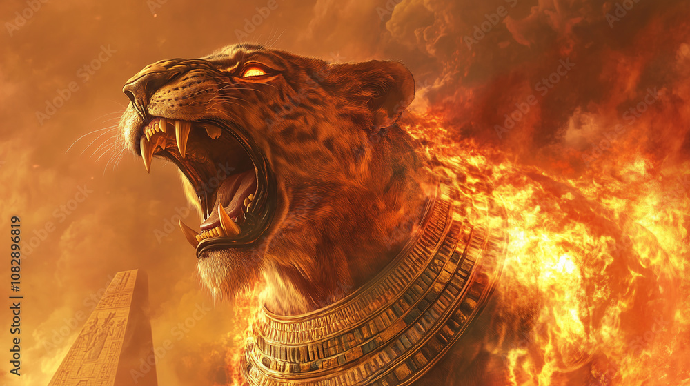 Sekhmet, the lioness-headed goddess, roaring with fiery energy against ...