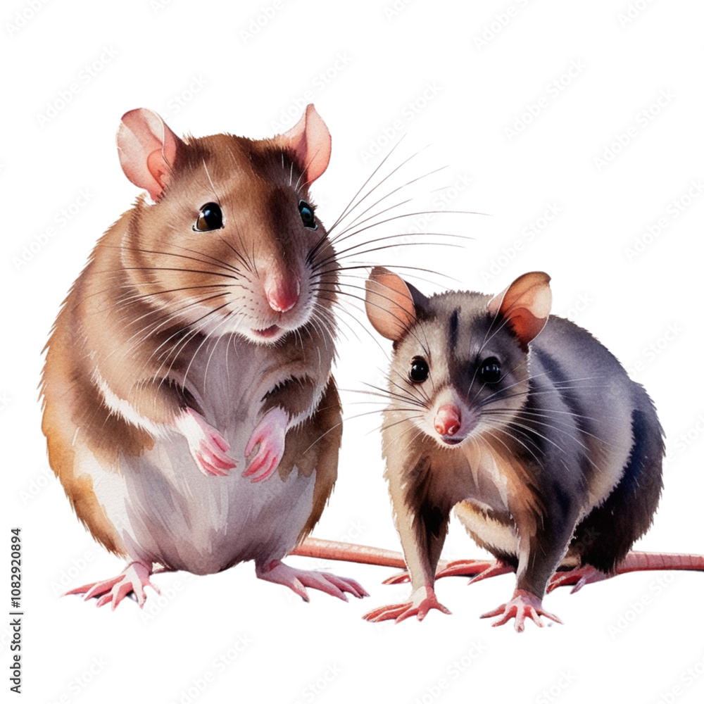 Two cute cartoon-like rodents with fluffy tails are curiously exploring ...